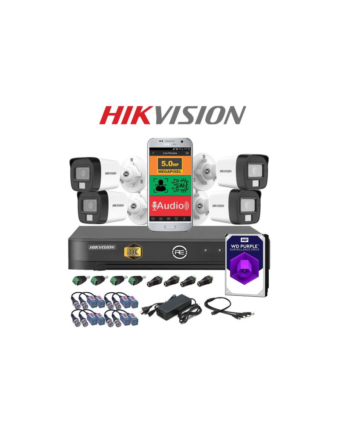 Kit DVR 8CH + 4 Cámaras 5Mpx Dual Light + Accesorios + Disco Rigido